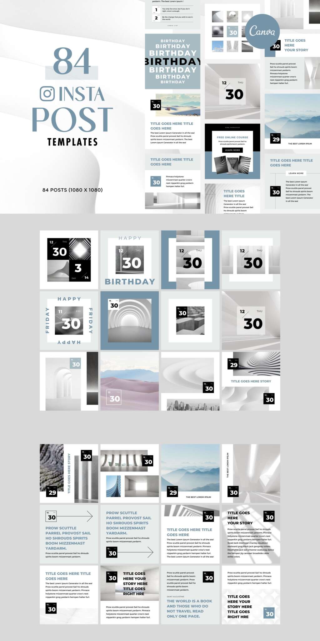 Instagram Post Templates Canva Zen – Editable Minimum Blue Gray ...